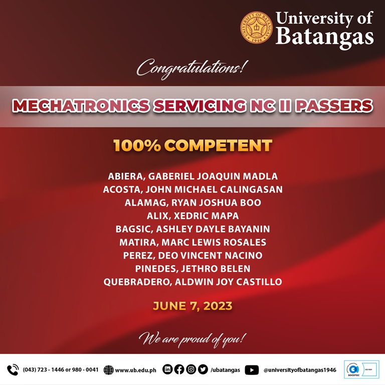 June 2023 – Mechatronics Servicing NC II Passers - University of ...